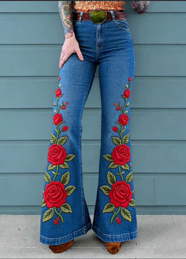 Vintage Rose Embroidered Flared Jeans – Goddess Gear